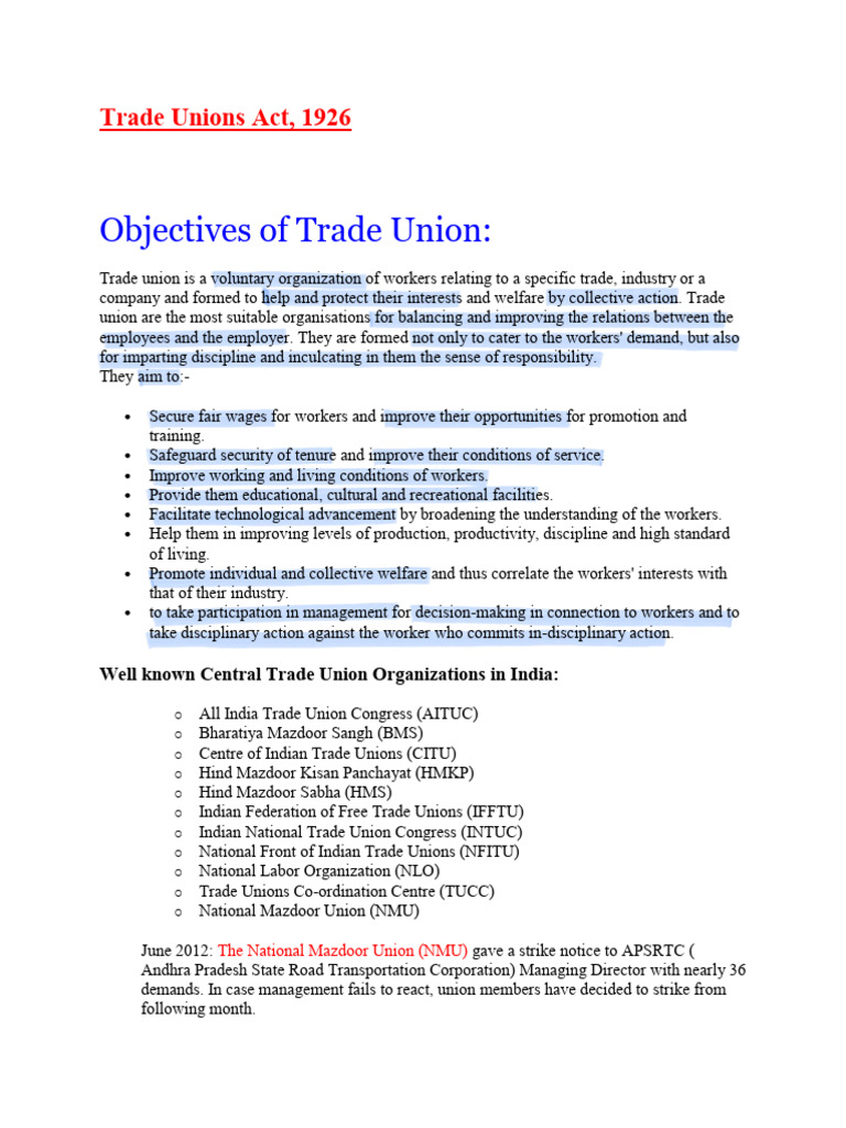 Objectives of the Trade Union Act, 1926 | PDF | Legal Liability ...