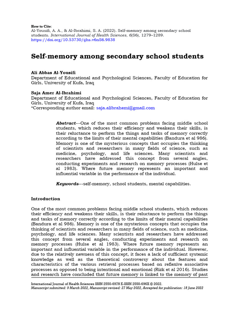 Self-Memory in Secondary Students | PDF | Recall (Memory) | Memory