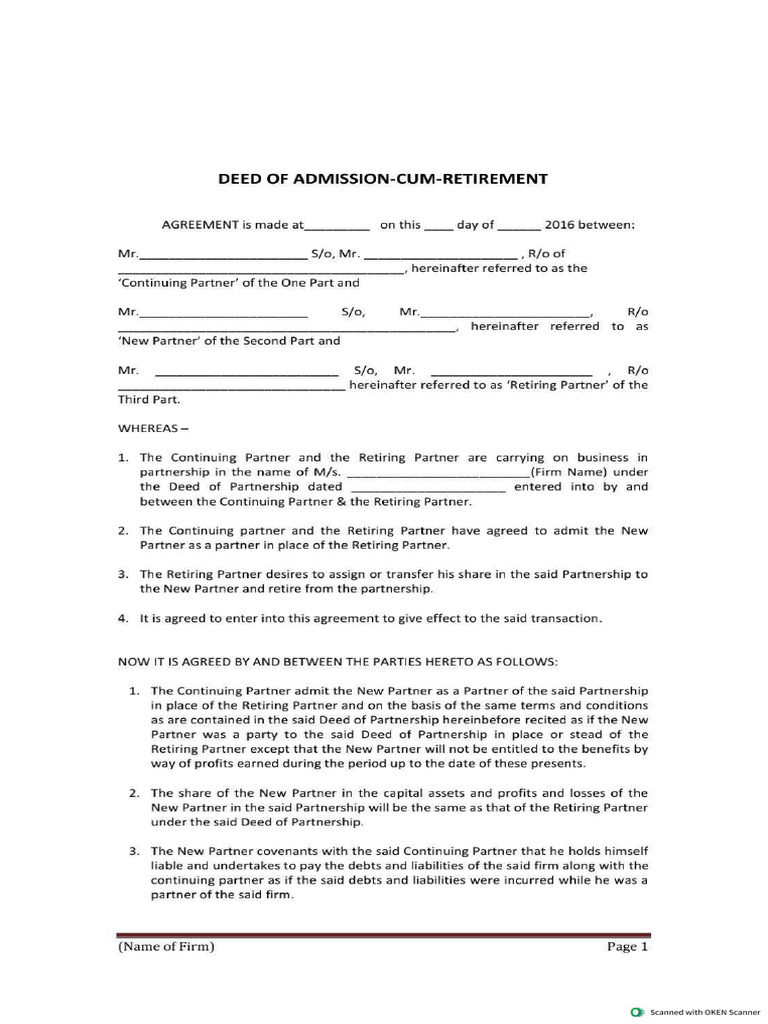 Deed of Admission Cum Retirement Format | PDF