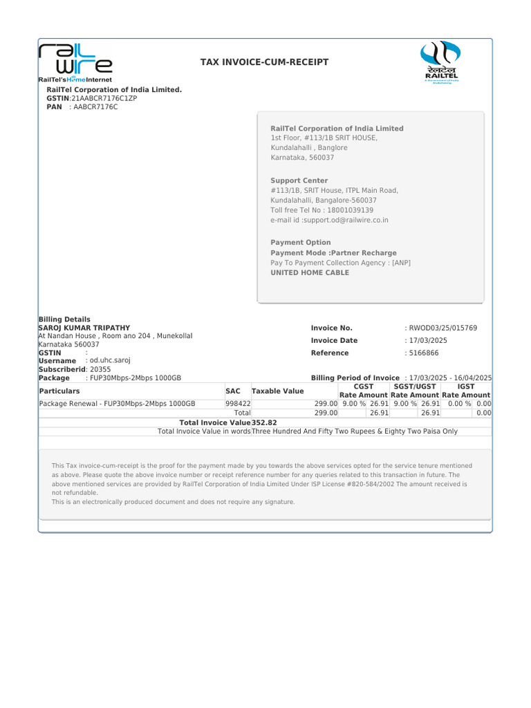 RailTel Tax Invoice for FUP Package | PDF | Taxation | Government Finances