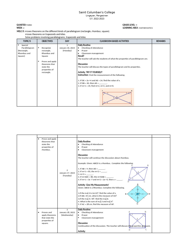 Week 2 WLP - Gr.9 Quarter 3 | PDF | Rectangle | Elementary Geometry