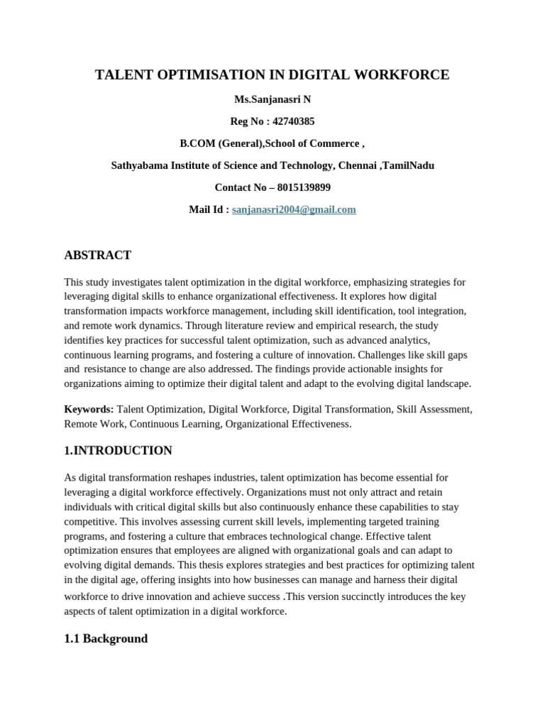 TALENT OPTIMISATION IN DIGITAL WORKFORCE (1) | PDF | Talent Management ...