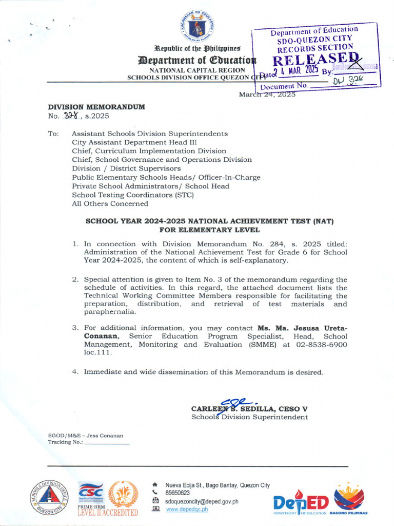 DM No. 328 S. 2025 - School Year 2024-2025 National Achievement Test ...