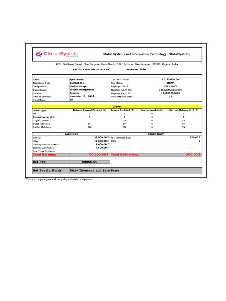Salary Slip November'2024 (Emp Code-GLOBAL155) | PDF | Payments ...