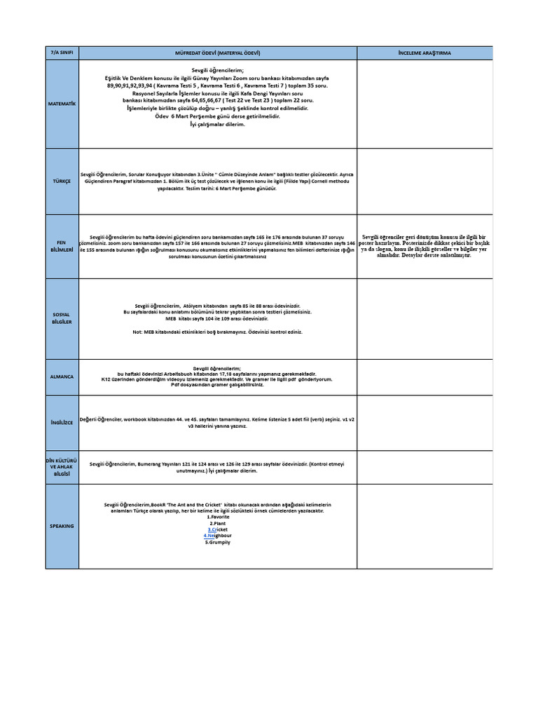 Odev Cizelgesi Ortaokul - 7 - A (5) - 2 | PDF