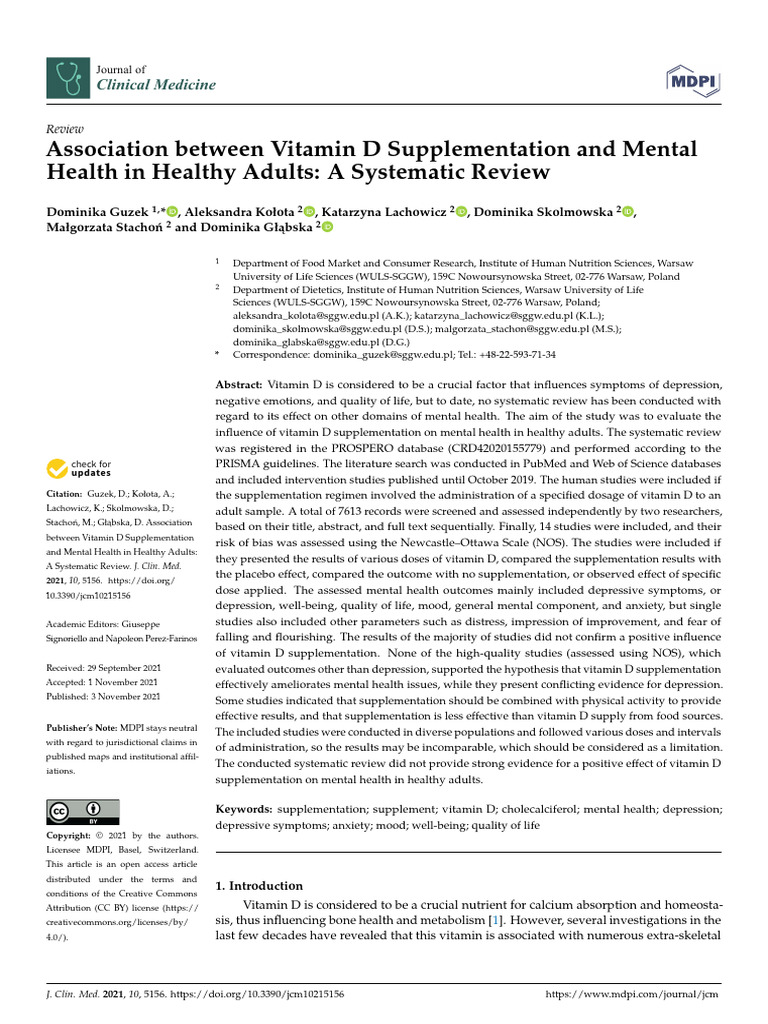 Association Between Vitamin D Supplementation and Mental Health in ...