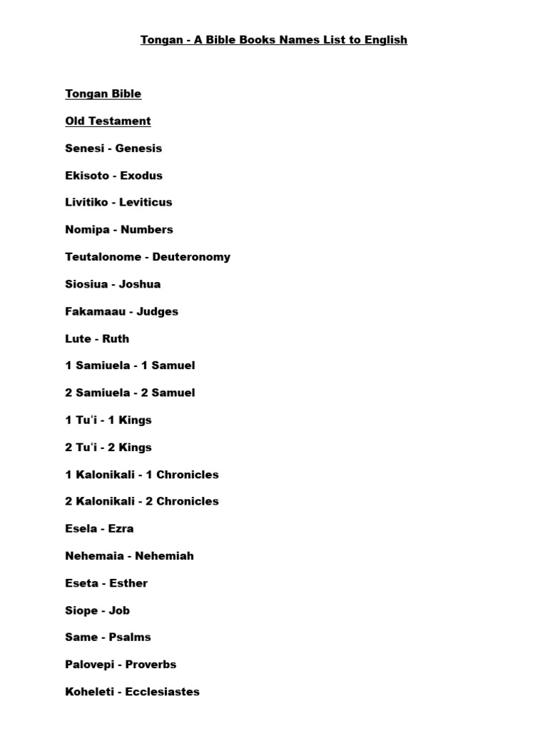 Tongan - A Bible Books Names List To English | PDF