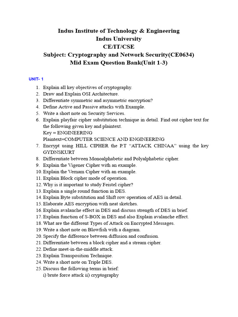CNS Question Bank (Unit 1-3) | PDF | Cipher | Cryptography
