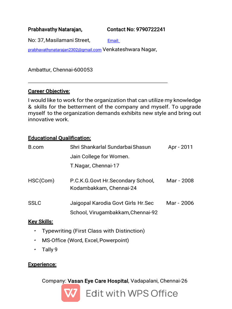 Vasan Eye Care Experience Resume | PDF