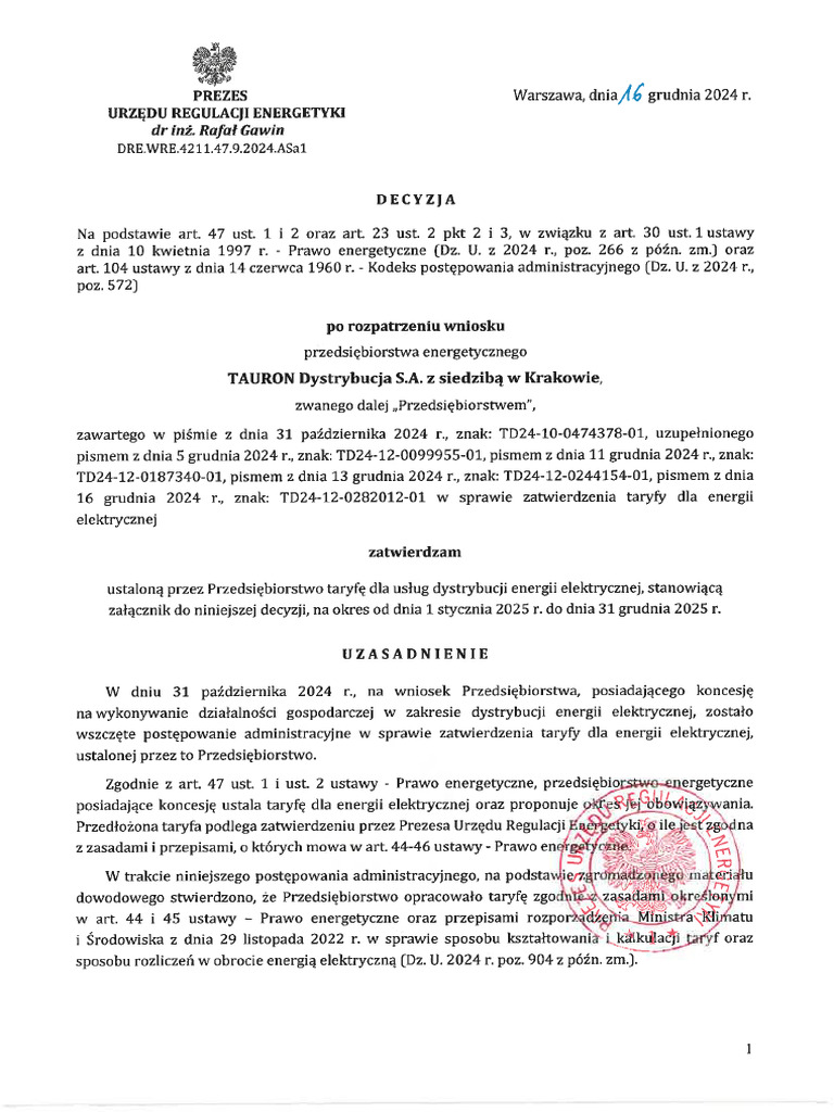 Taryfa TAURON Dystrybucja 2025 | PDF