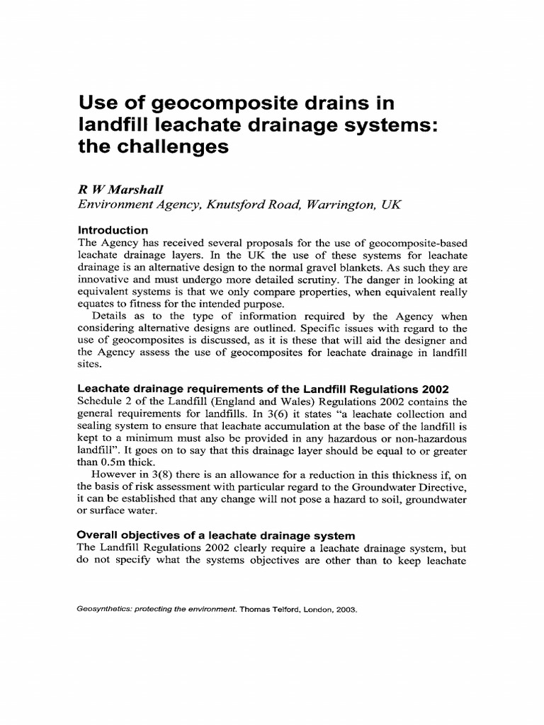 Marshall 2015 Use of Geocomposite Drains in Landfill Leachate Drainage Systems The Challenges | PDF