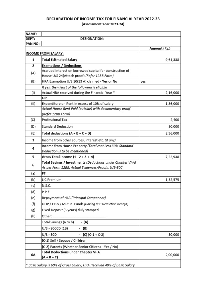 Income Tax Declaration FY 2022-23 | PDF | Tax Deduction | Taxes