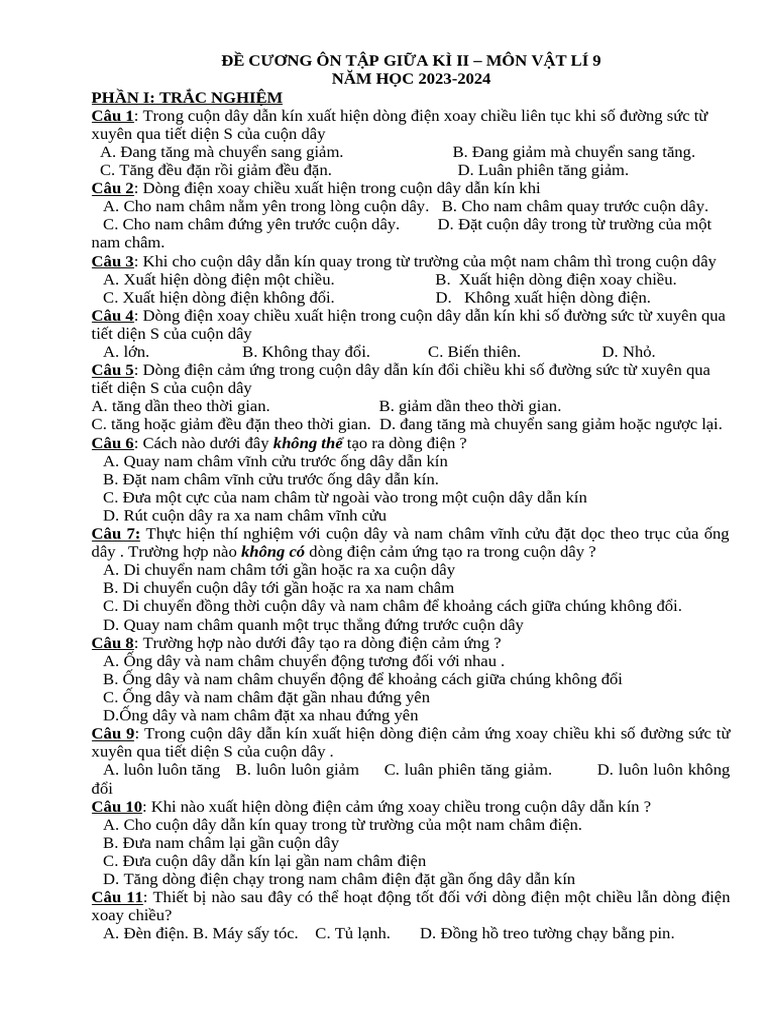 ĐỀ CƯƠNG VẬT LÍ - GK2 | PDF