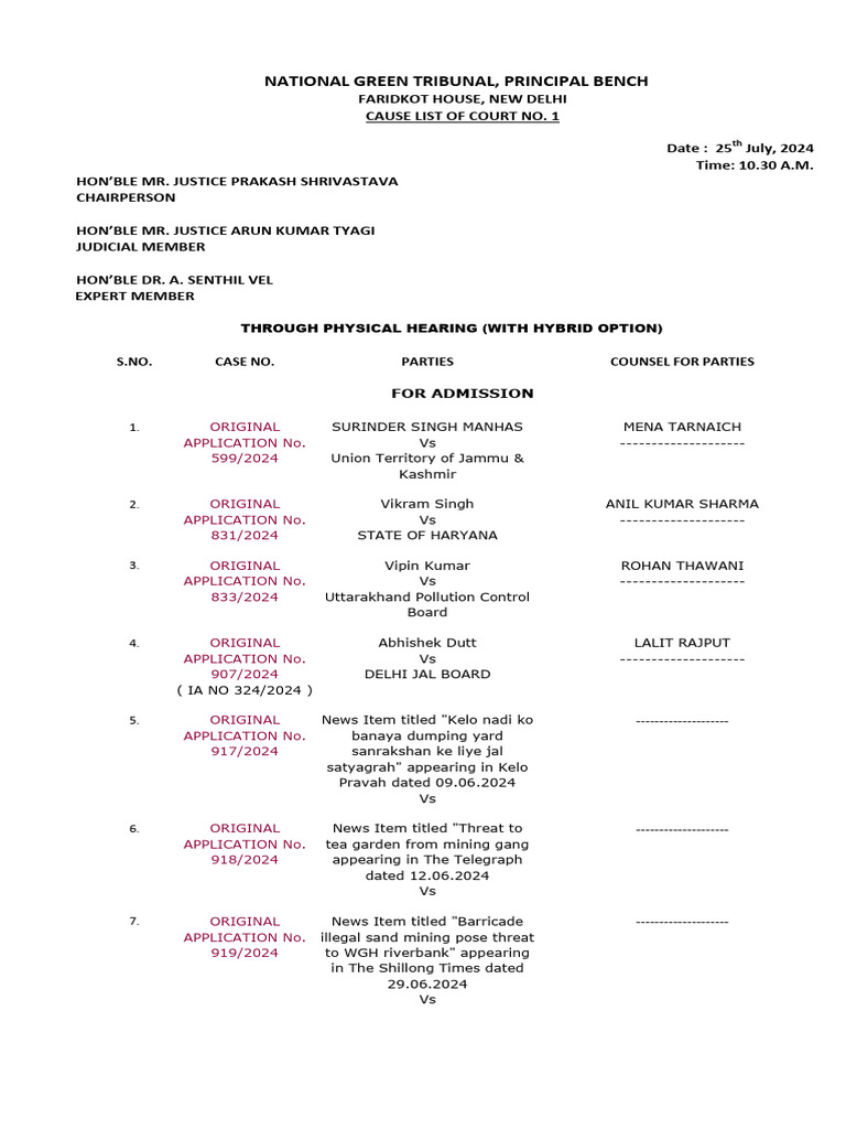 Cause List of 25th July, 2024 Court No.1 N - 0 | PDF