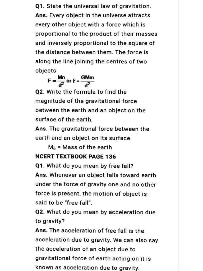 Class 9 Gravitation Questions | PDF