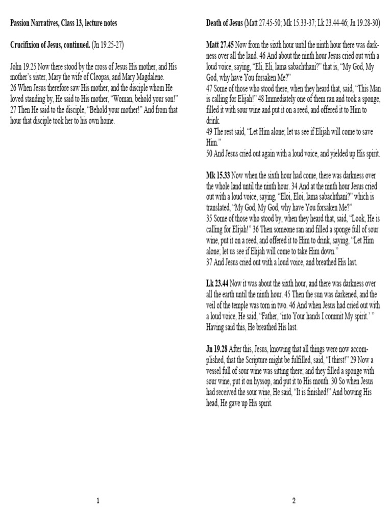 Passion Narratives Class 13 Handout | PDF | Jesus | Canonical Gospels