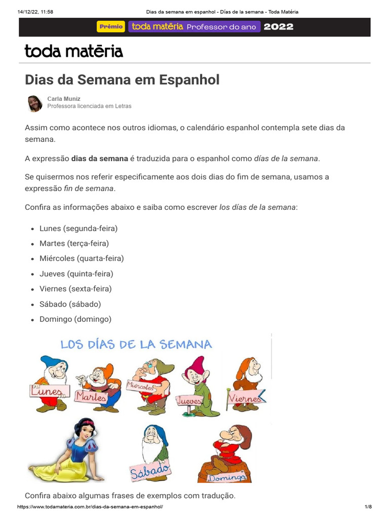 Dias Da Semana em Espanhol - Días de La Semana - Toda Matéria | PDF ...
