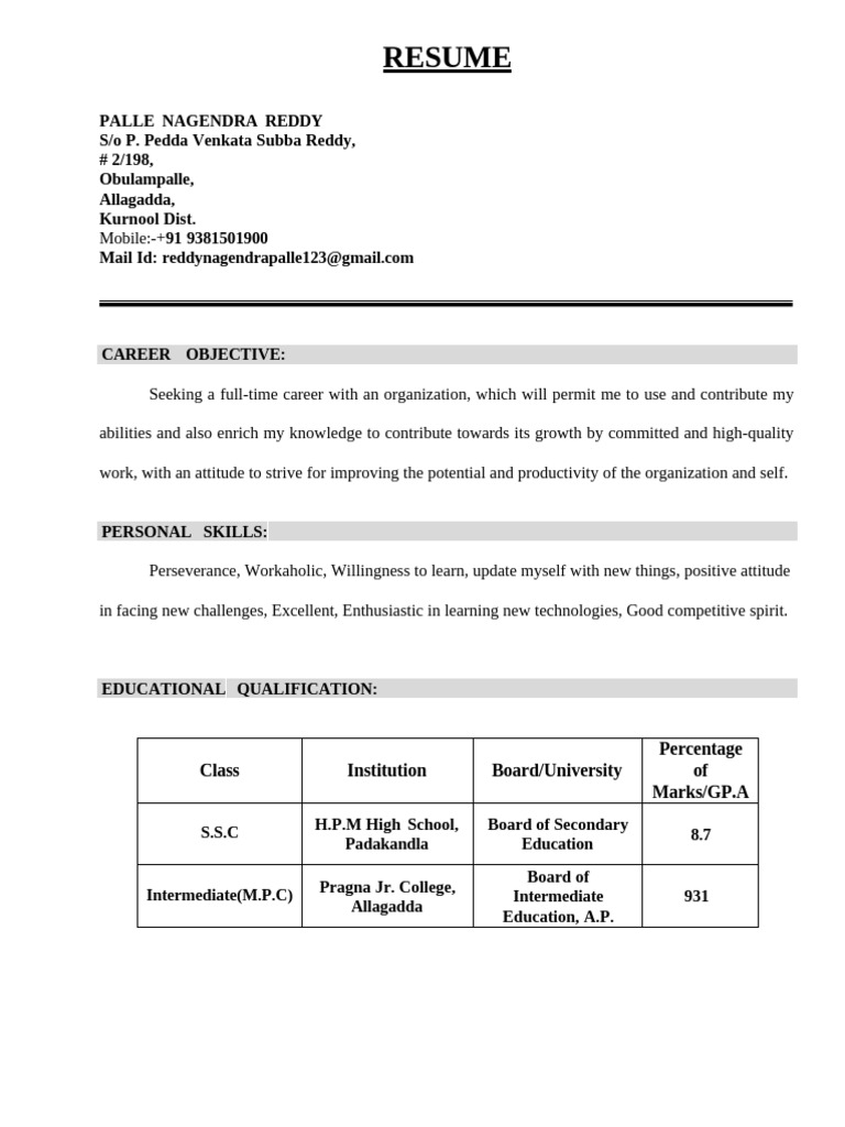 Resume of Palle Nagendra Reddy | PDF | Cognition | Learning