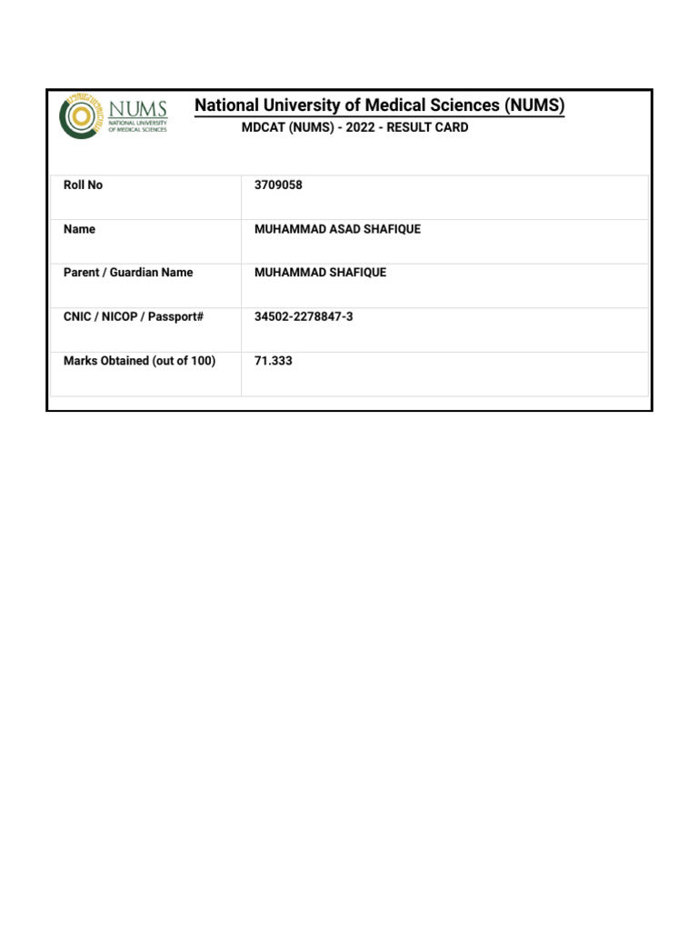 Nums Result Card | PDF