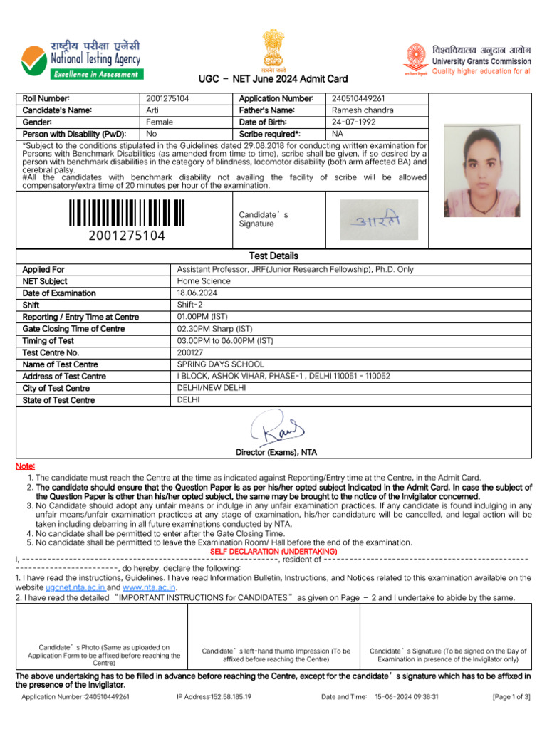 UGC NET June 2024 Admit Card Details | PDF | Identity Document