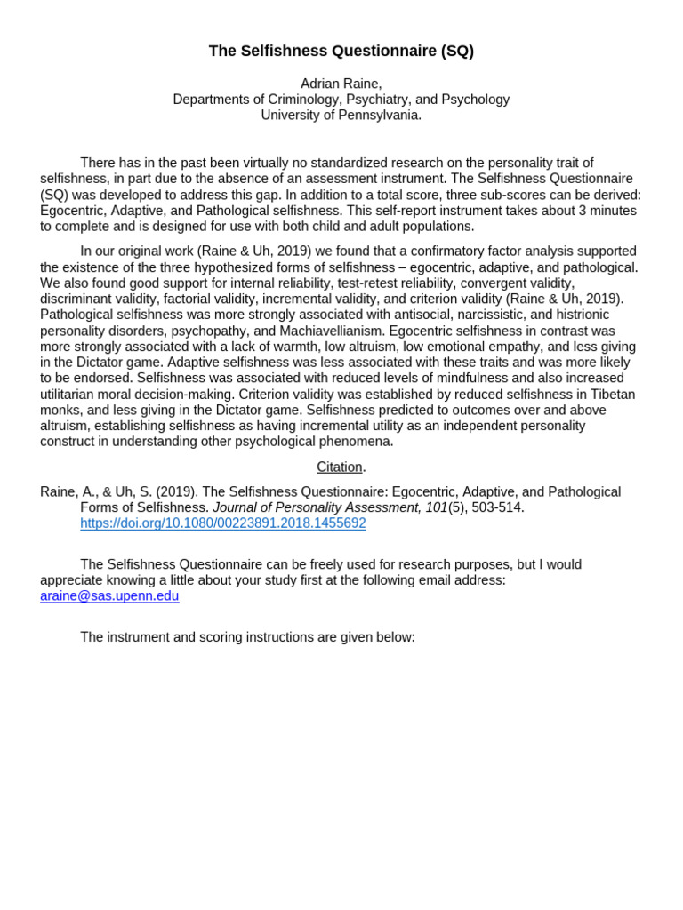 Selfishness Questionnaire With Instructions and Scoring | PDF | Psychopathy | Validity (Statistics)