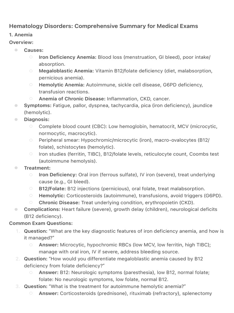 Hematology Disorders Exam Guide | PDF | Anemia | Lymphoma