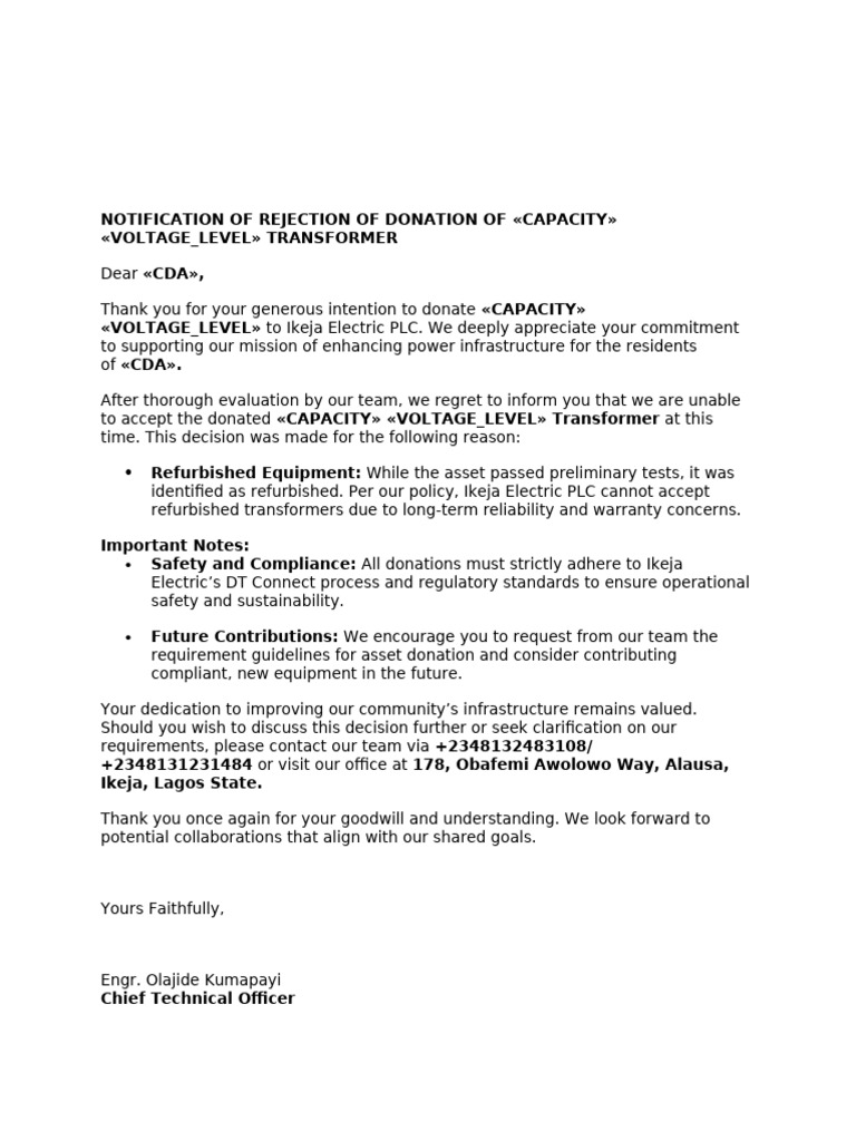 Donation Rejection Notification | PDF
