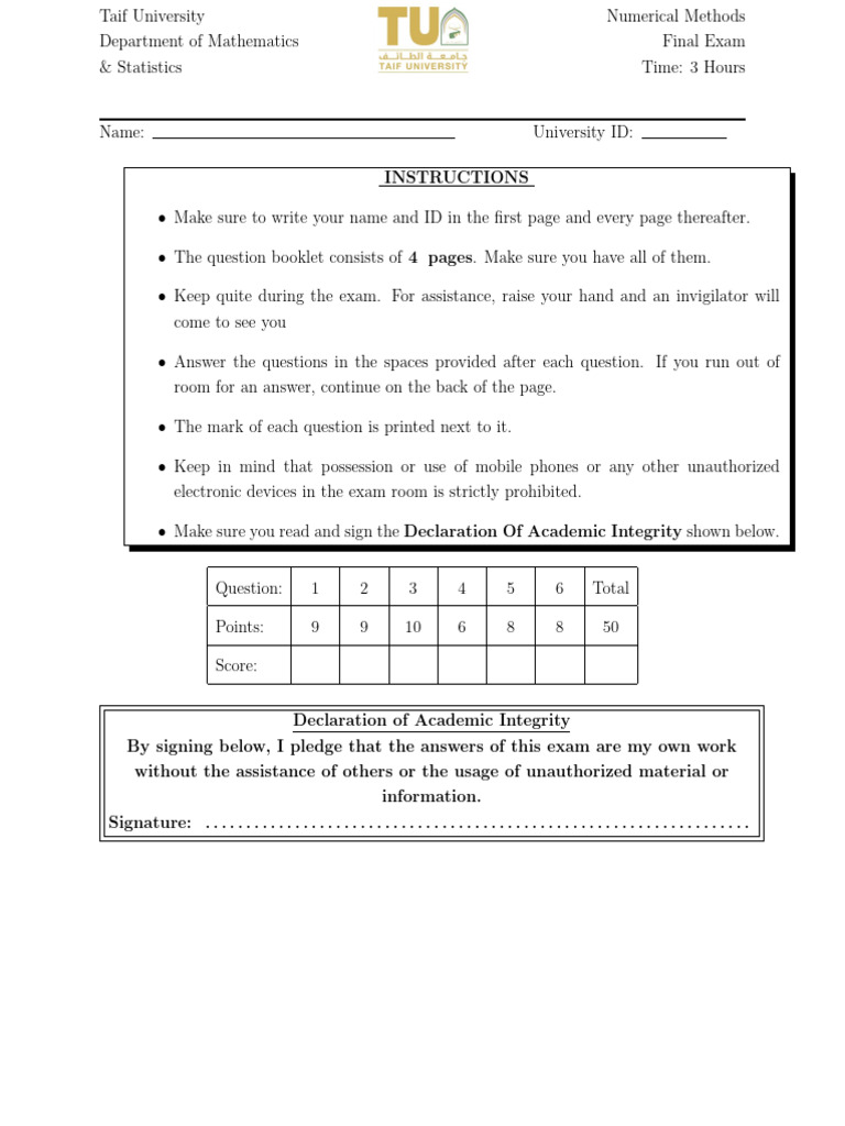 Taif University Numerical Methods Exam | PDF