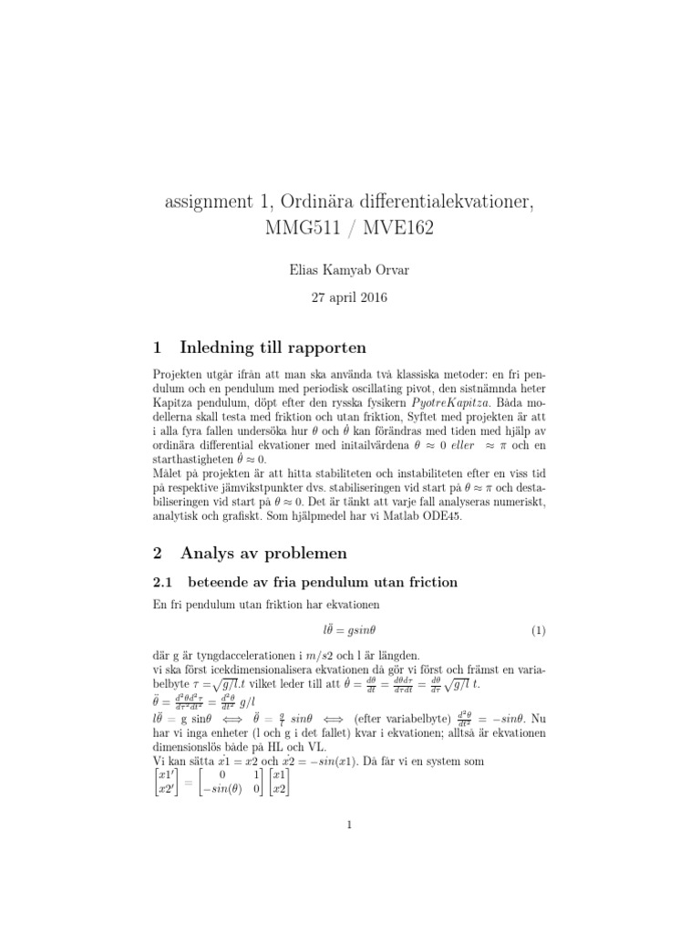 Assignment 1 2016 Ordinära Differentialekvationer MMG511 MVE162 | PDF
