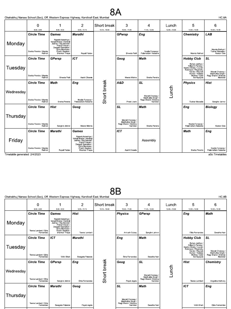 Grade 8 Term 1 Timetable 2023-24 | PDF