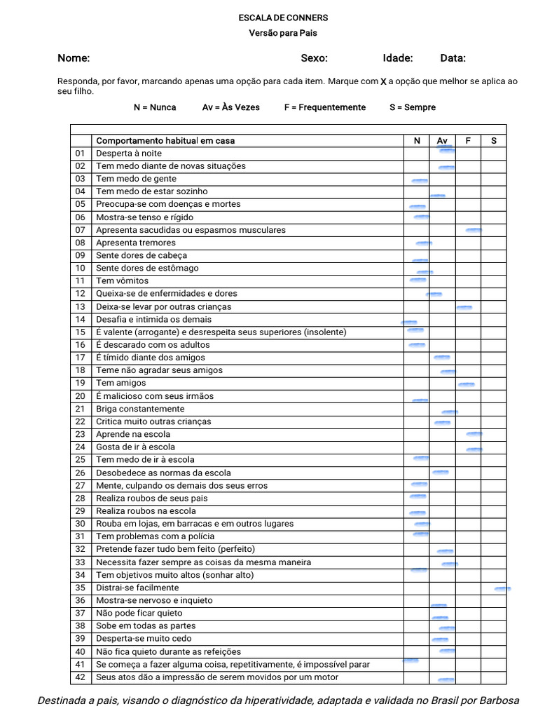 Escala de Conners - TDAH Versao para Pais | PDF | Transtorno de déficit ...