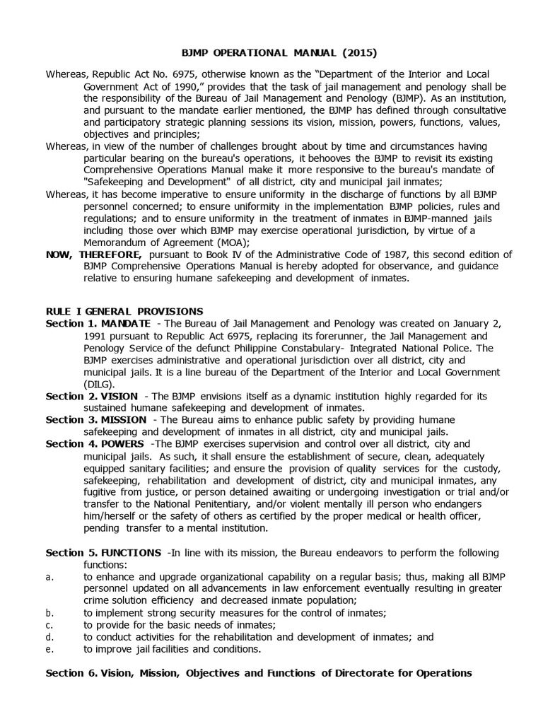 BJMP Comprehensive Operations Manual 2015 | PDF | Prison | Psychiatry