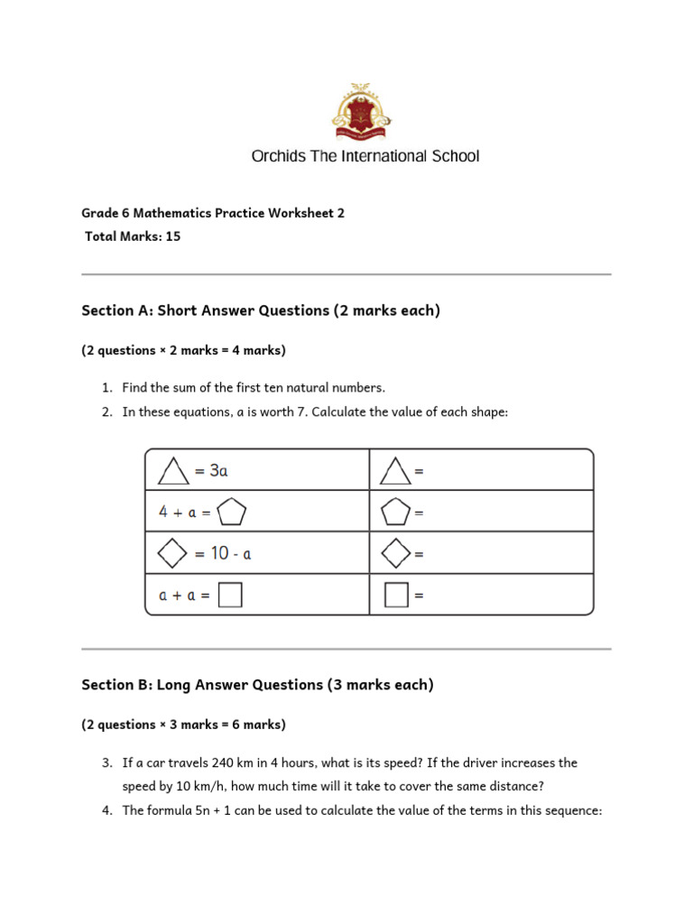 Grade 6 Mathematics Algebra Practice Worksheet 2 | PDF