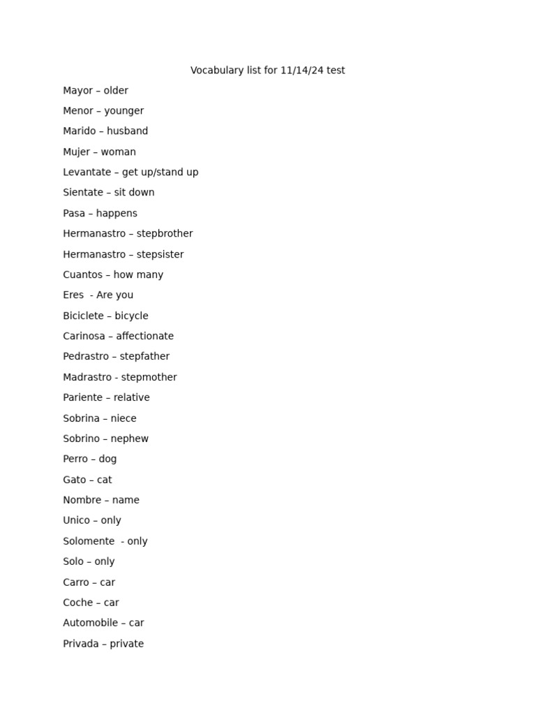 Spanish Vocabulary List for 11/14 Test | PDF