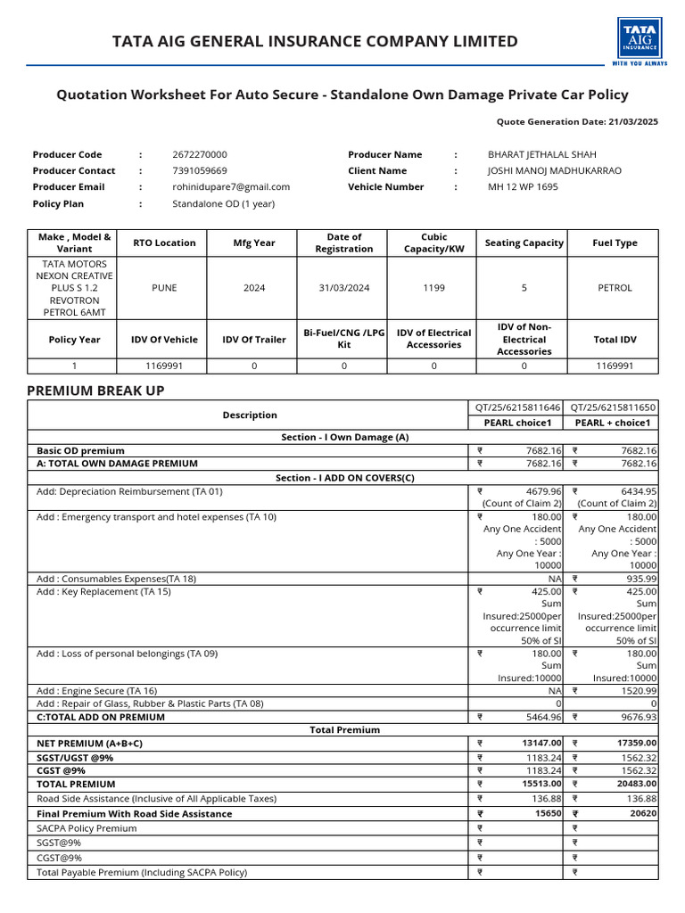 TATA AIG Pearl Choice 1 Quote Summary | PDF | Insurance | Motor Vehicle