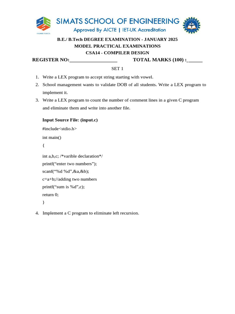 CSA14 Compiler Design SET | PDF | Reserved Word | Compiler