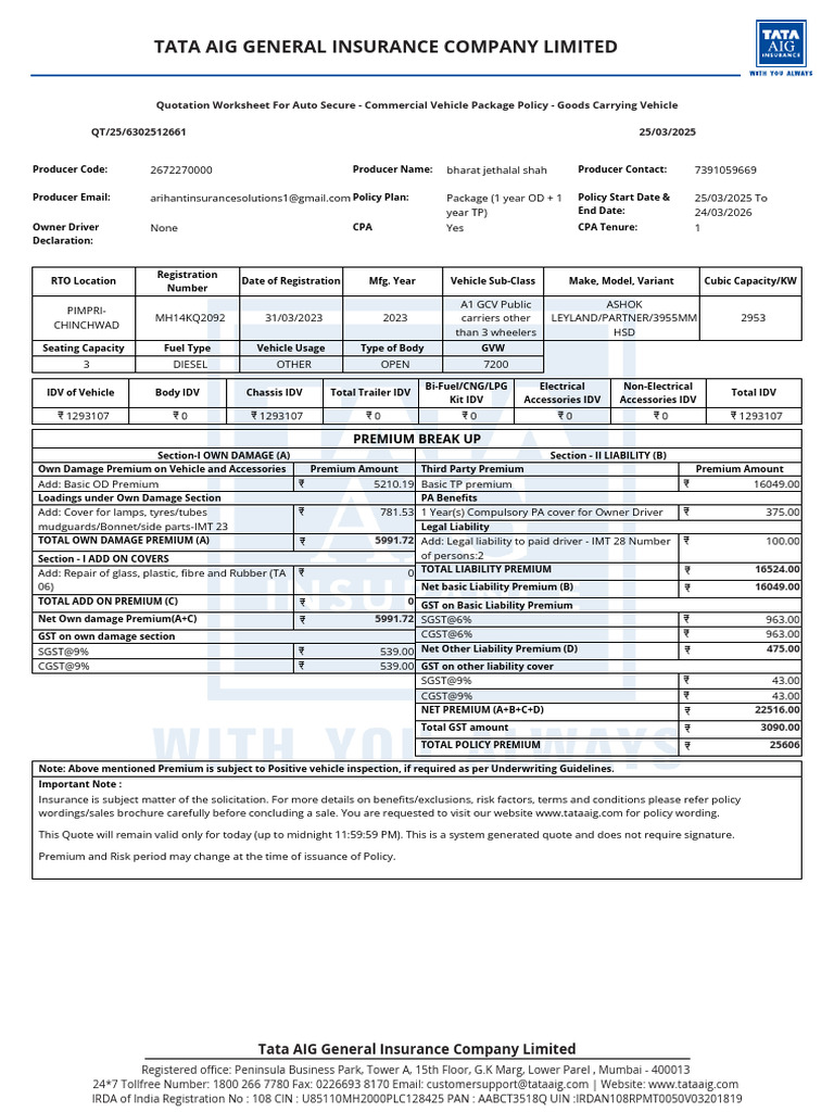 Tata AIG Motor Premium Quote - 3189 - QT - 25 - 6302512661 | PDF ...