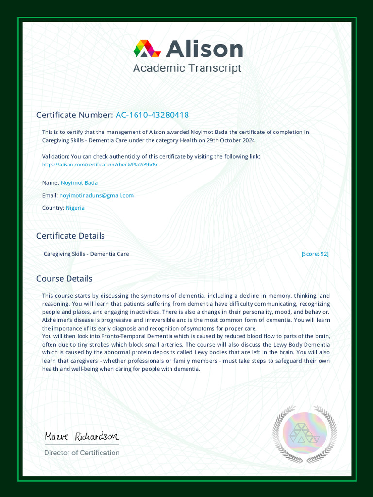 Alison Certificate Transcript Caregiving Skills Dementia Care | PDF