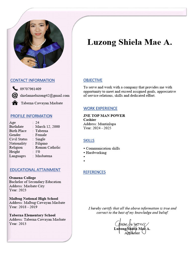 Luzong Shiela Mae A. - Resume Summary | PDF