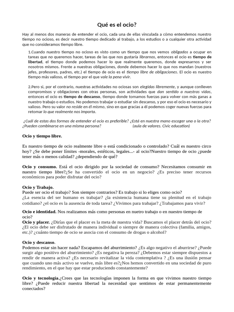Preguntas en Torno Al Ocio | PDF | Ocio | Placer