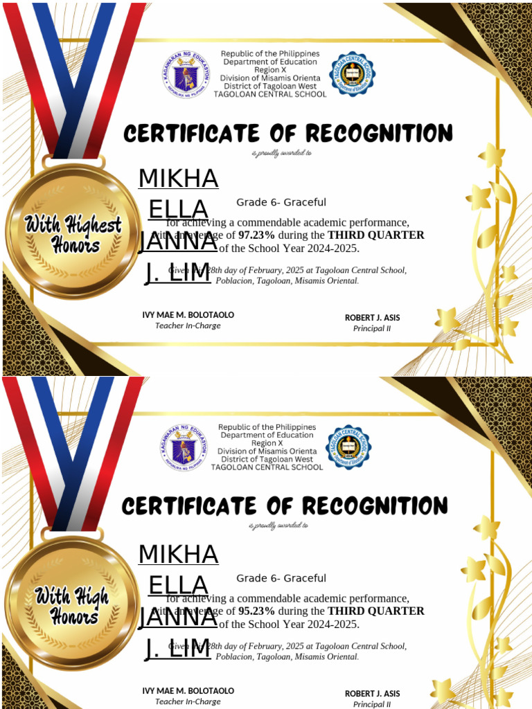 3rd Quarter Certificate for Reading of Honors (1) | PDF