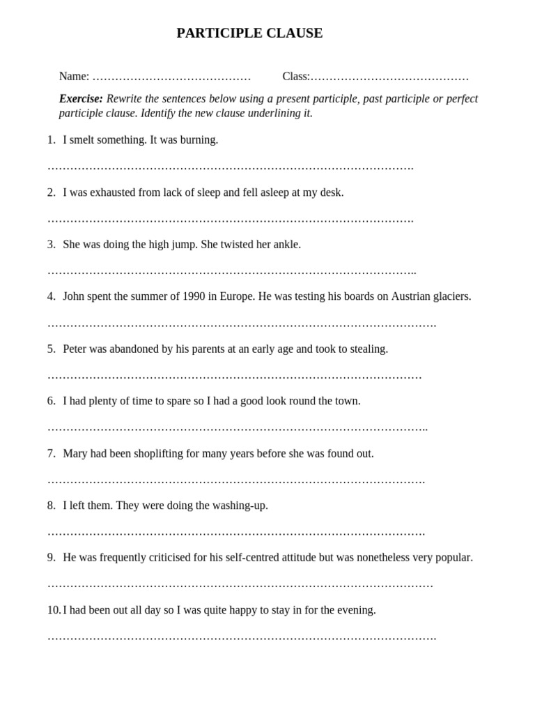 Participle Clause Worksheet | PDF