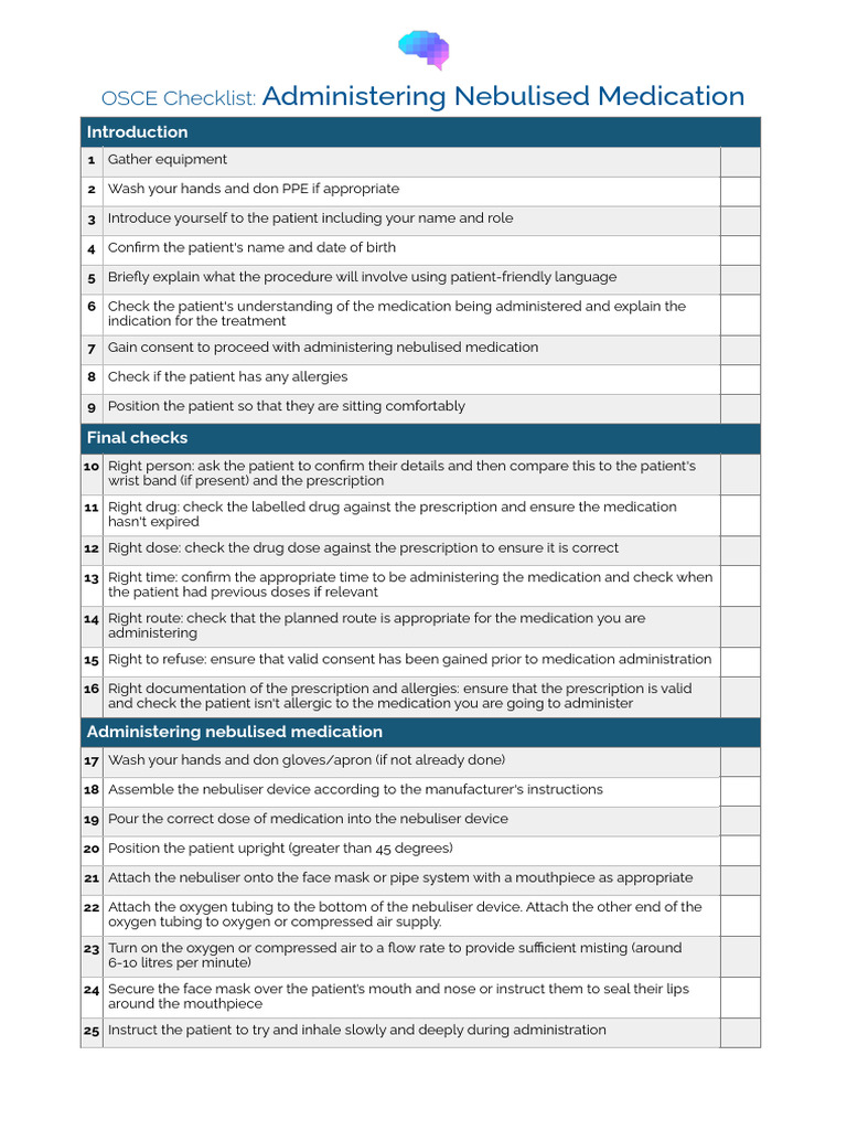 OSCE Checklist Administering Nebulised Medication | PDF | Medical ...