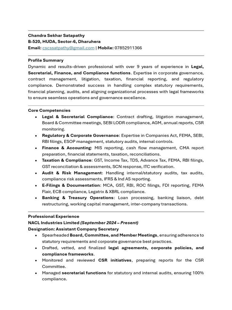 Chandra Sekhar Satapathy_CV | PDF | Regulatory Compliance | Audit