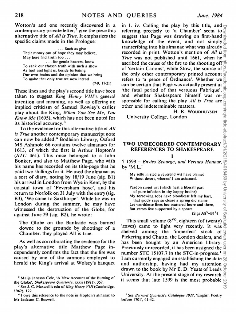 Two Unrecorded Contemporary References to Shakespeare | PDF | William ...