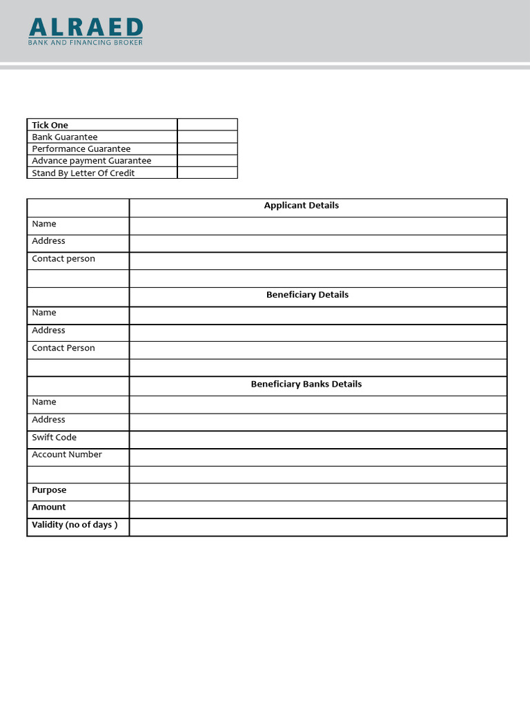 Al Raed - SBLC, BG PG, Application Form | PDF