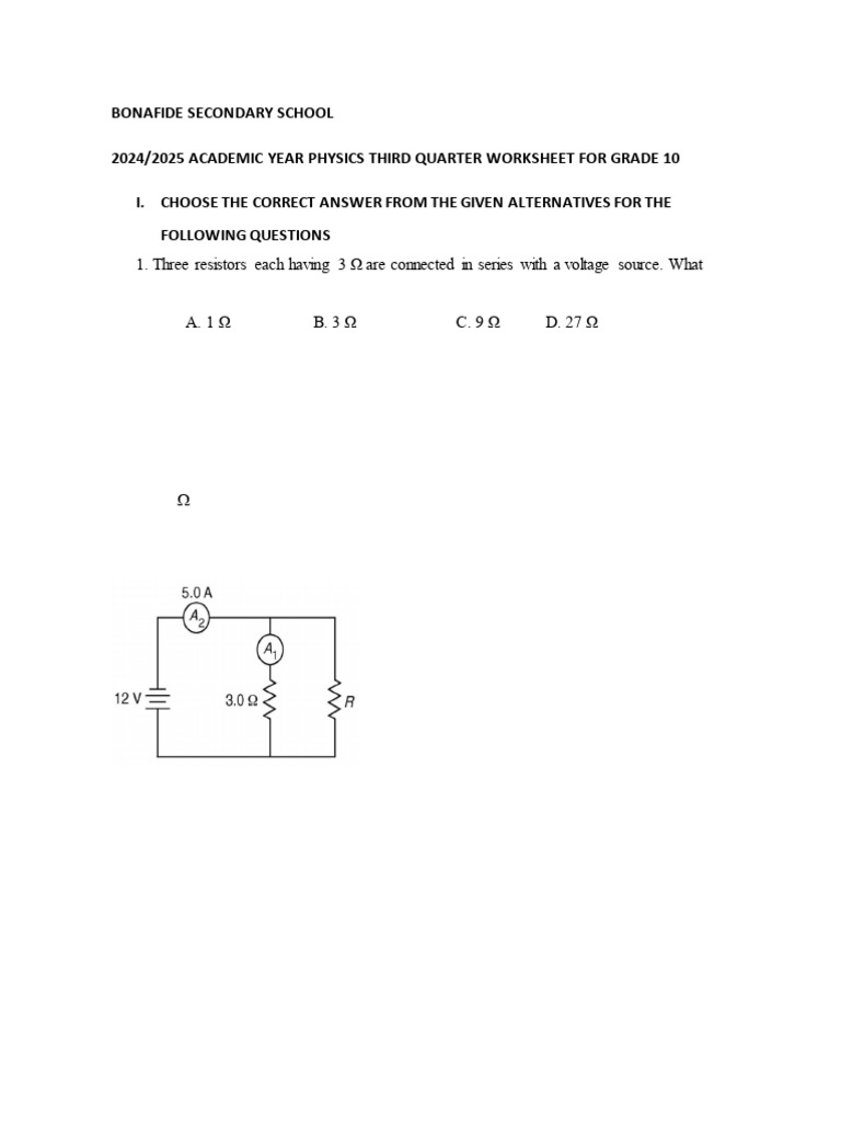 Physics Worksheet of 3rd Quaarter For Grade 10 | PDF | Series And ...