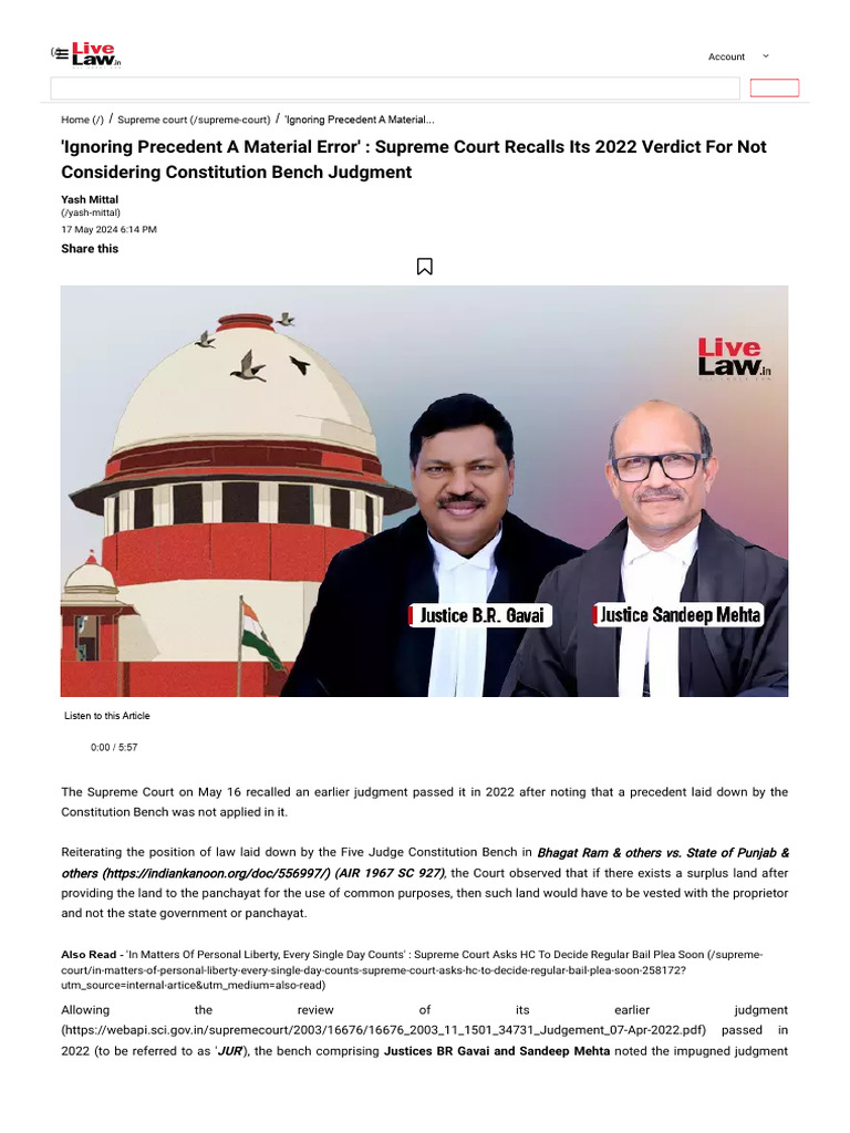 'Ignoring Precedent A Material Error' - Supreme Court Recalls Its 2022 Verdict For Not ...