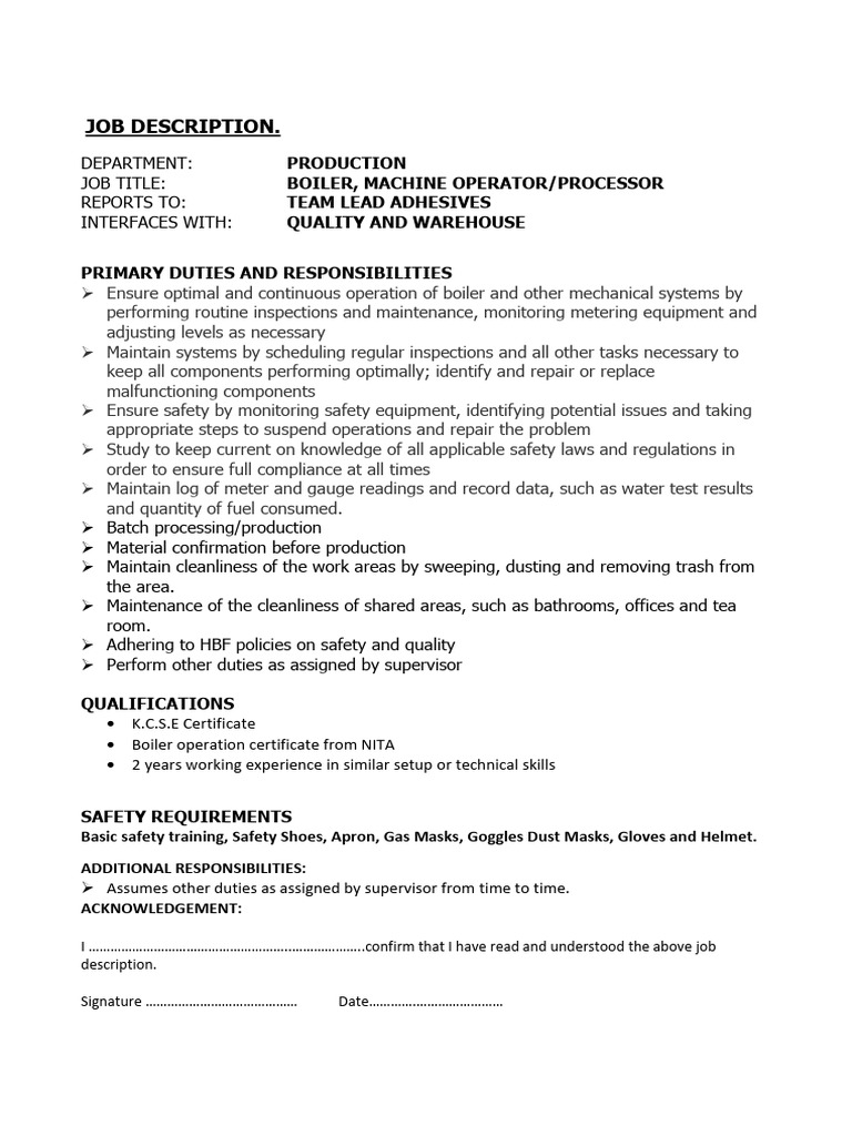 Boiler Machine Operator Job Description | PDF