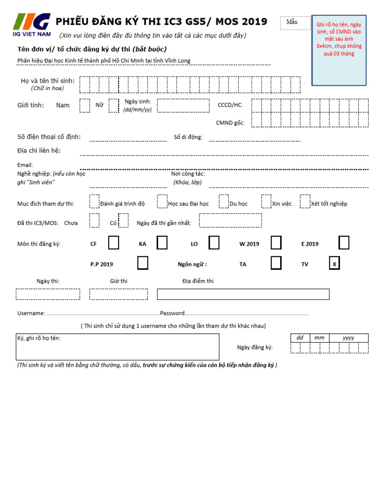 Phieu Dang Ky Thi IC3 - MOS-1 | PDF
